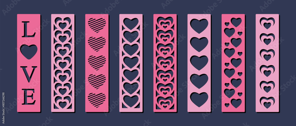 Set of 8 vertical bookmarks with love and hearts pattern. Laser cut ...