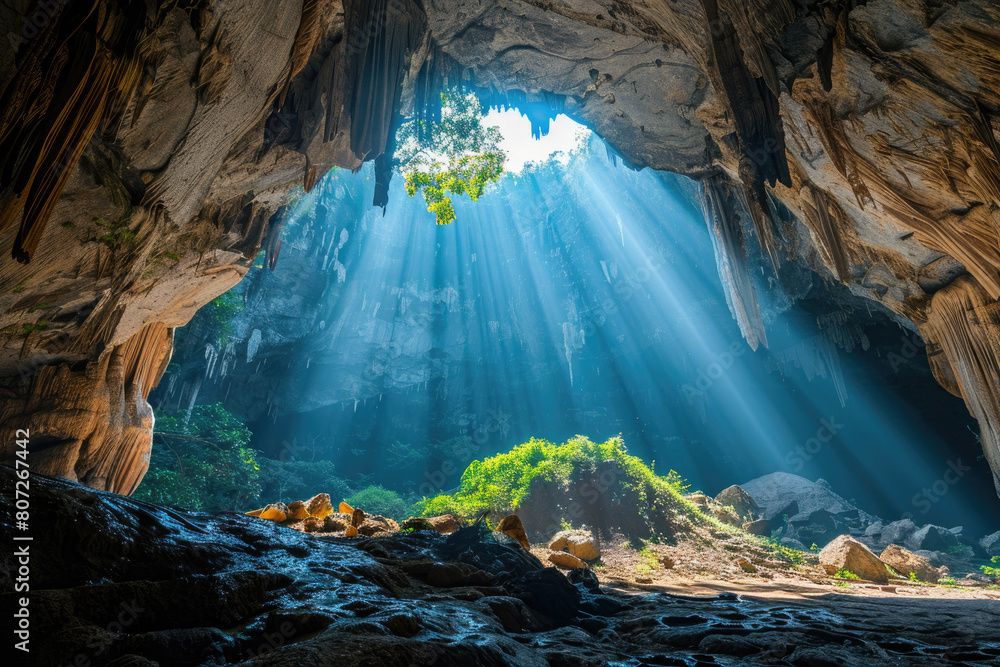 Beautiful green karst cave inside mountain, entrance of cavern with ...