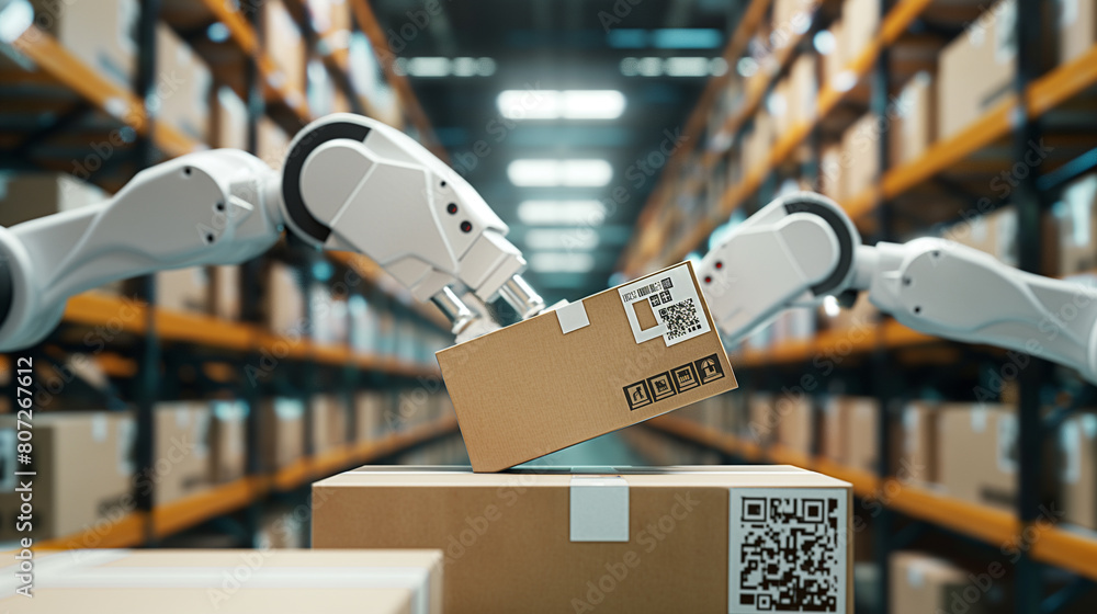 Against the backdrop of a modern distribution center, robotic arms ...