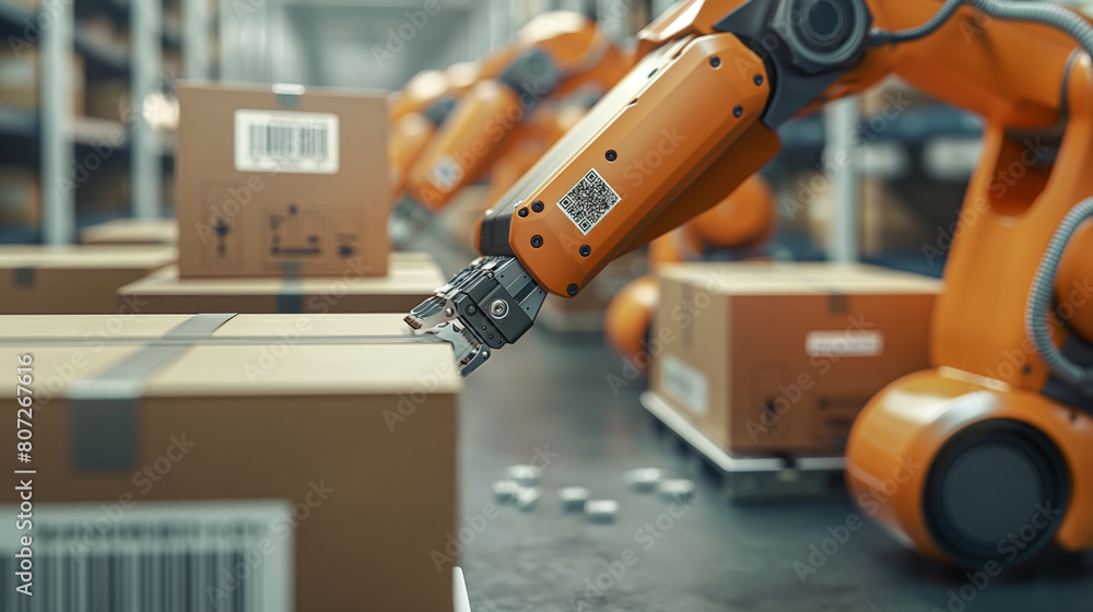 Against the backdrop of a modern distribution center, robotic arms ...