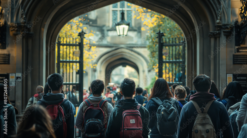Against the backdrop of a grand university entrance, a stream of ...