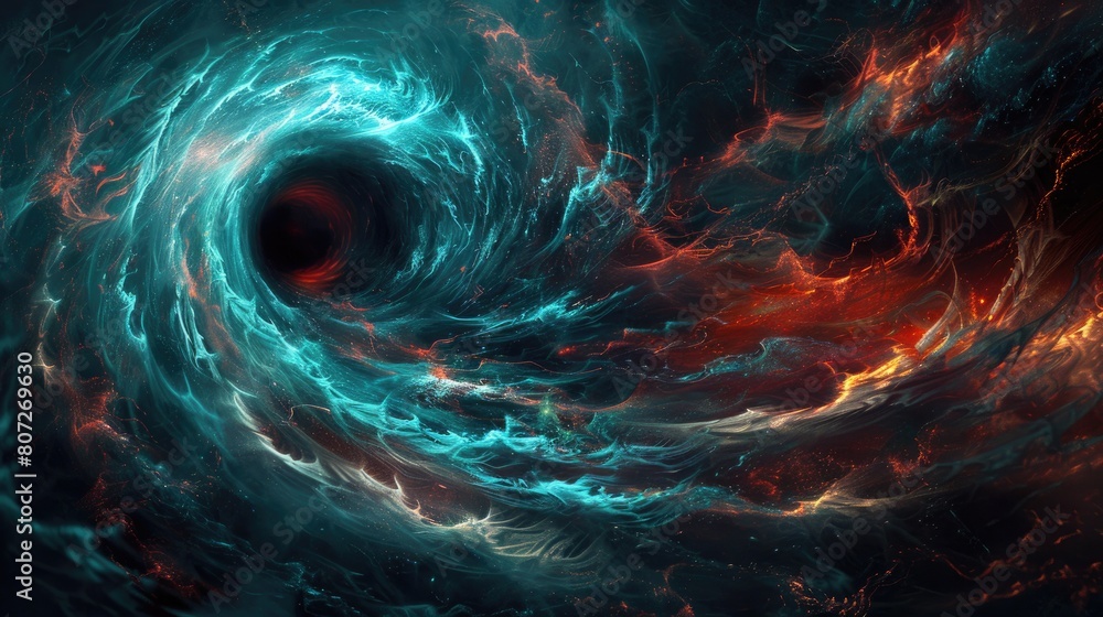 Intense and dynamic cosmic whirlpool with a blend of fiery red and cool ...