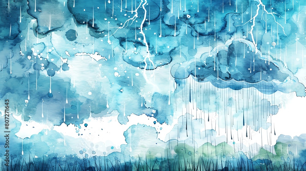 Watercolor illustration of a springtime rainstorm, with dark clouds ...