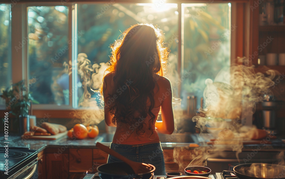 A woman is cooking in a kitchen with steam coming out of the stove. The ...