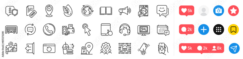 Map, Sign out and Photo thumbnail line icons pack. Social media icons ...