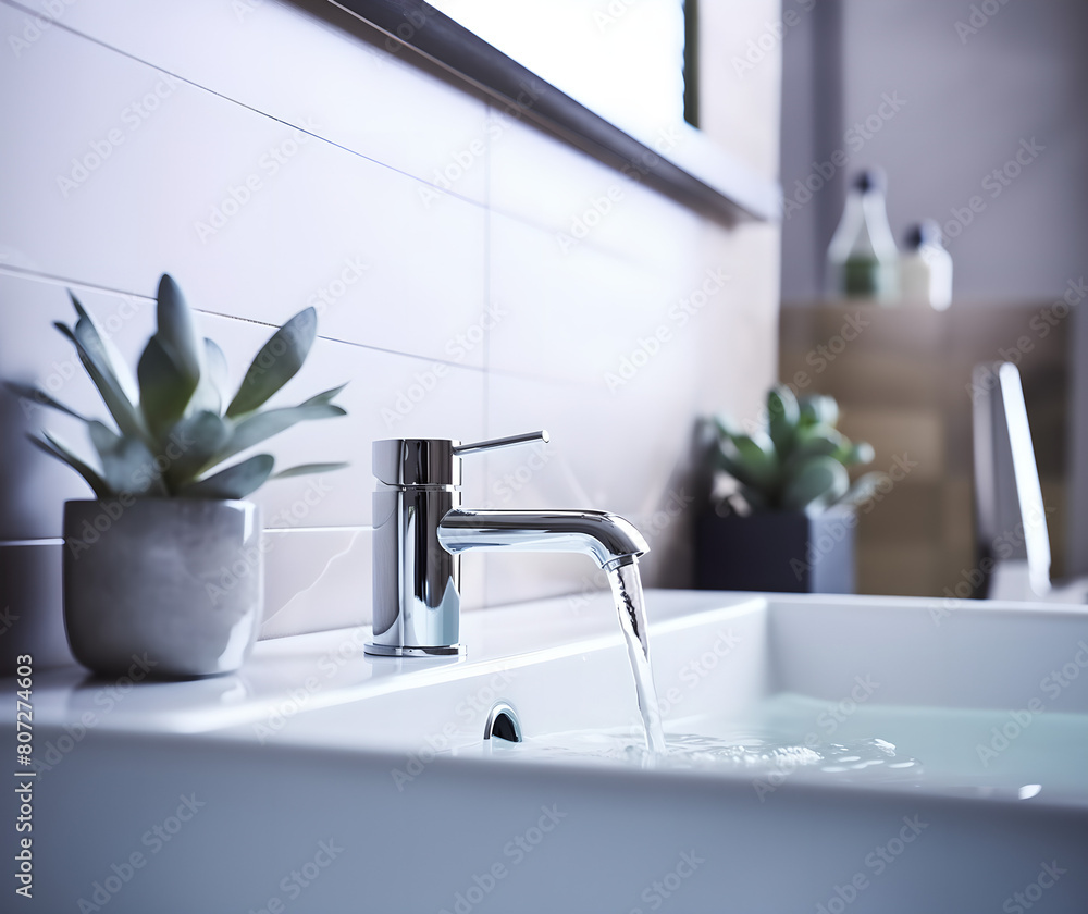 close up view of an open faucet from which water flows into the sink ...