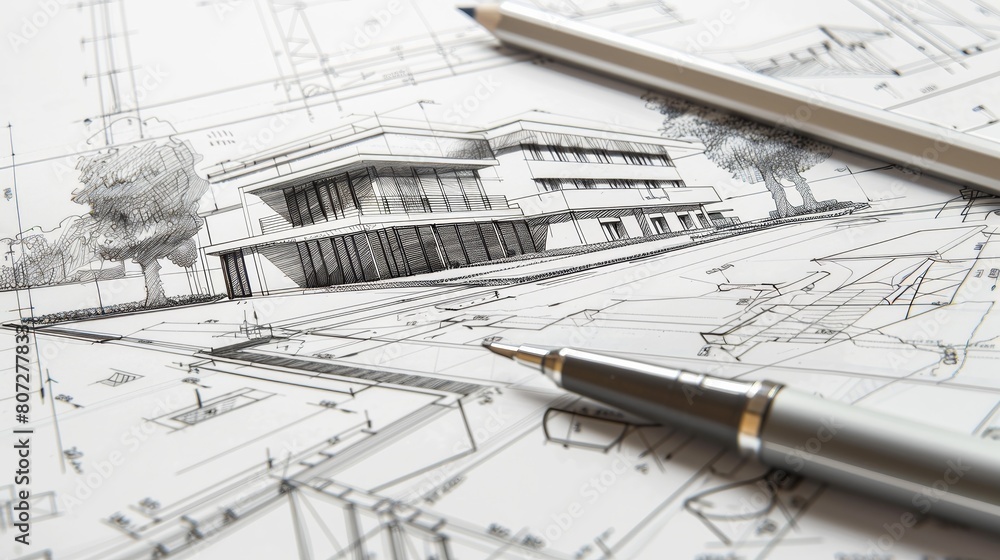 A pen delicately rests on a detailed drawing of a building, showcasing ...