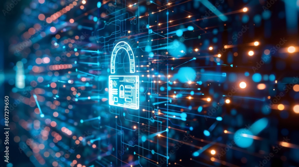 A computer screen shows a blue and red image of a key on a lock Stock ...