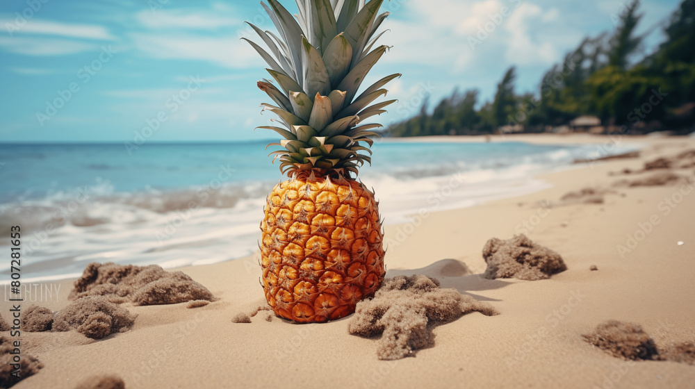 Ananas posé sur une belle plage paradisiaque. Fond de mer, océan. Fruit ...