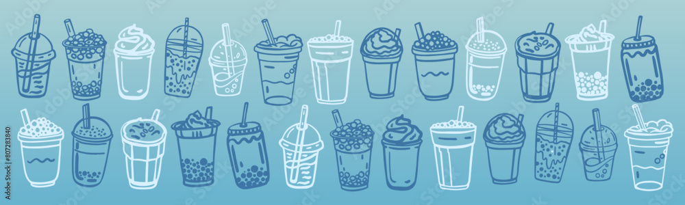 Hand drawn bubble milk tea set with cute doodle decoration. Boba milk ...