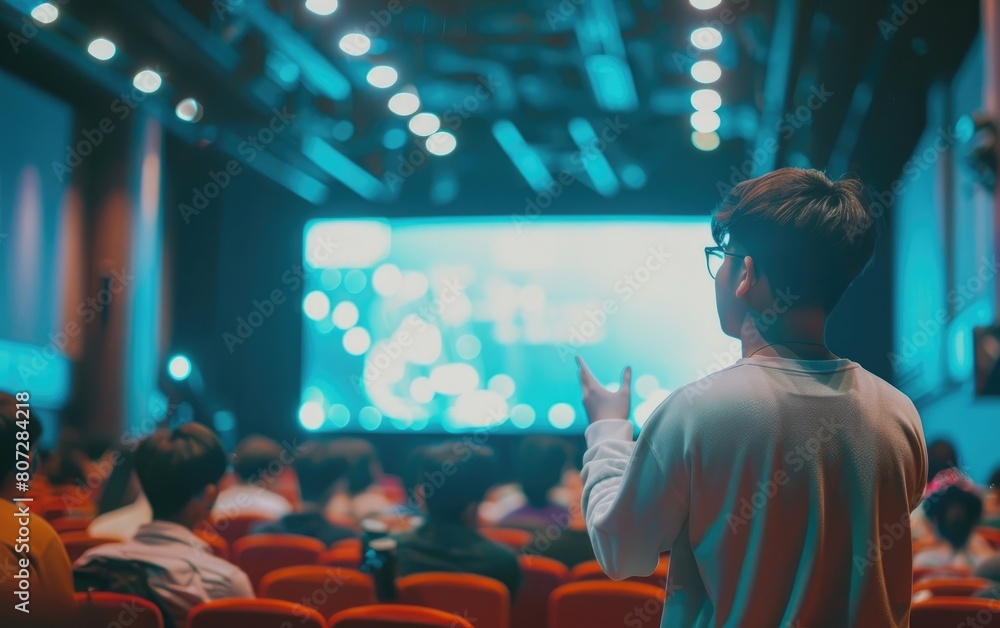Blurred audience in a seminar with a presenter gesturing toward a ...