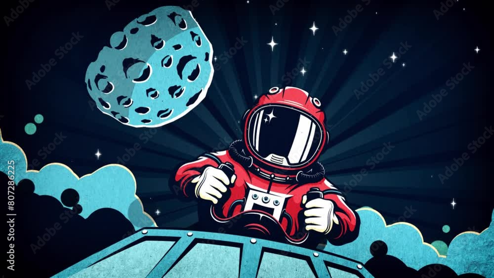 Astronaut pilot at the helm against space backdrop with Rocket taking ...