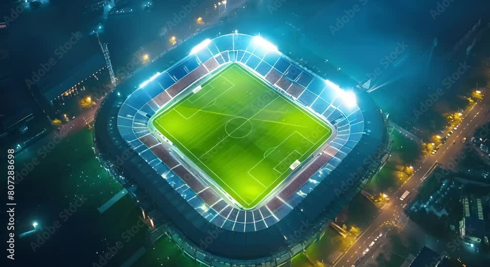 Bird's Eye View of Sports Stadium with Green Turf and Illuminated ...