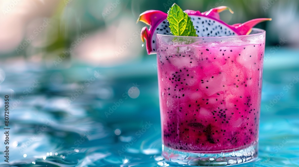 Icy Glass of Dragon Fruit Juice, Vivid Pink, Misty Morning Backdrop of ...