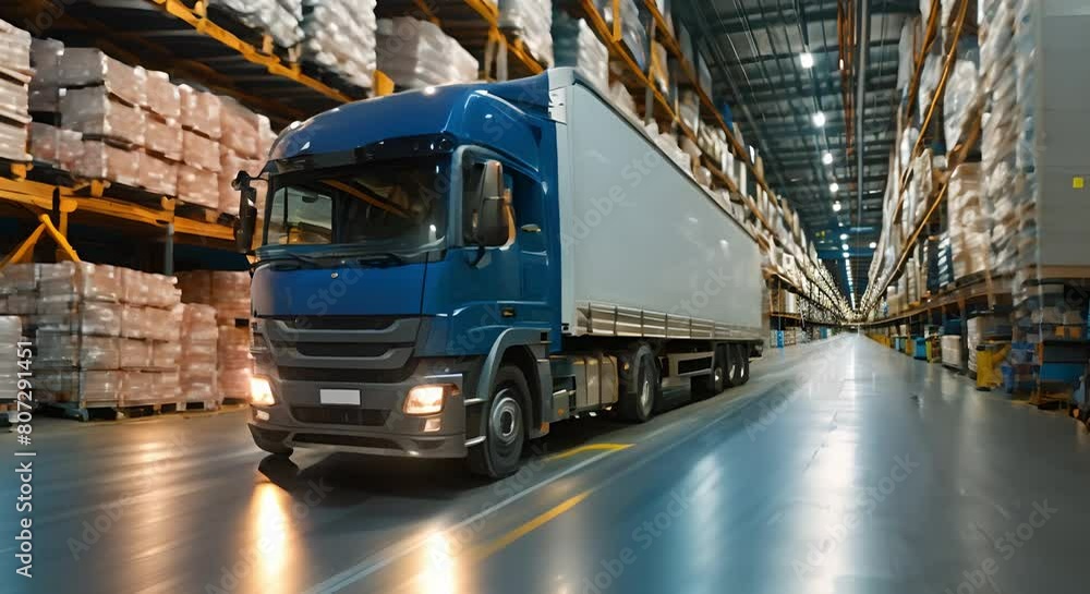 Truck loading goods in warehouse shelves for transportation . Concept ...