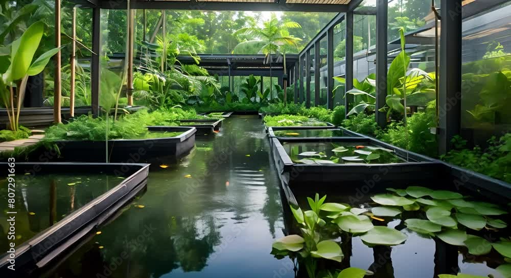 Modern aquaculture farm with fish tanks or ponds surrounded by lush ...