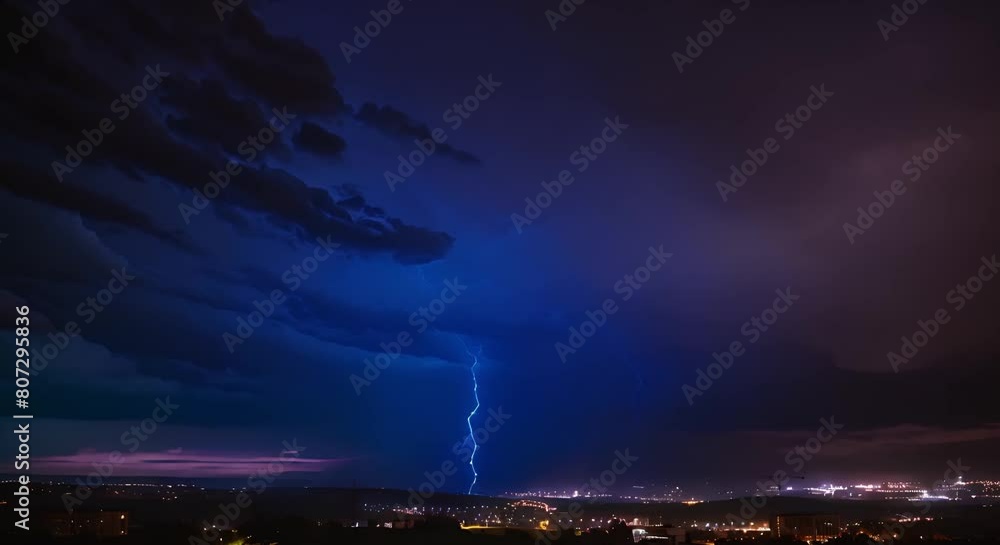 Urban night photography capturing lightning strikes in stormy weather ...