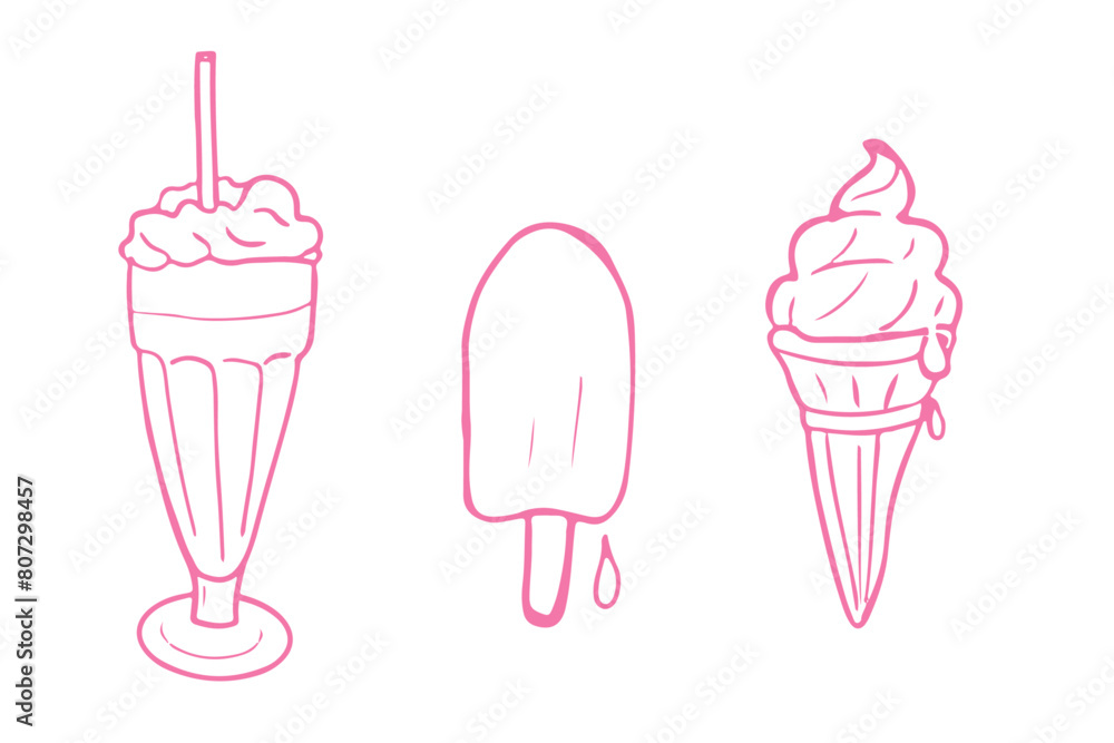 Hand drawn illustration of milkshake, popsicle, and soft serve ice ...