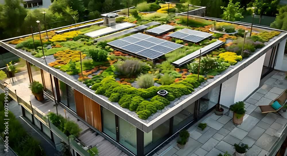 Green roof with plants and solar panels for energy efficiency and ...