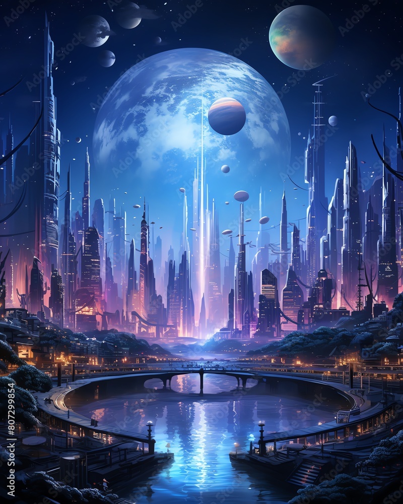 Capture a mesmerizing, futuristic cityscape with towering skyscrapers ...