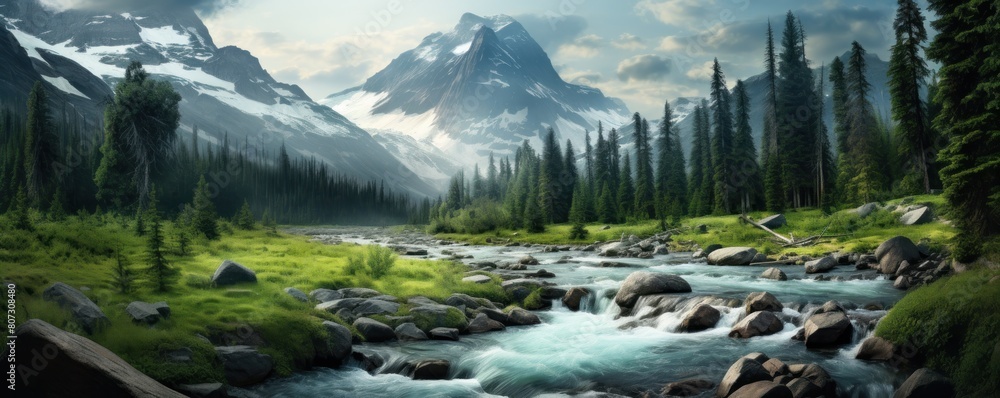 Fantasy illustration of digital painting of an alpine valley with pine ...