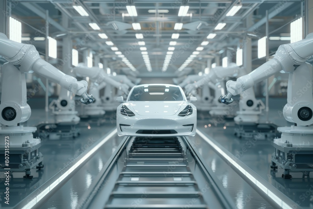 Automated assembly line with industrial robots producing modern ...