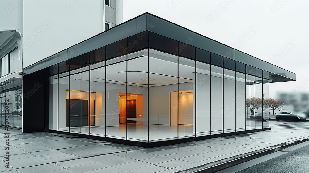 Storefront made of glass and black aluminum Inside a white, empty room ...