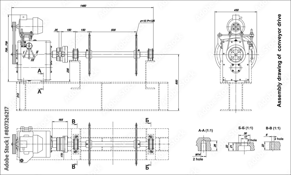 Assembly drawing of conveyor drive. Vector cad scheme of steel ...