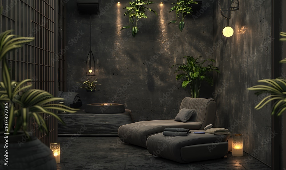 a serene 3D rendering of a modern spa retreat, infused with Daz3D ...