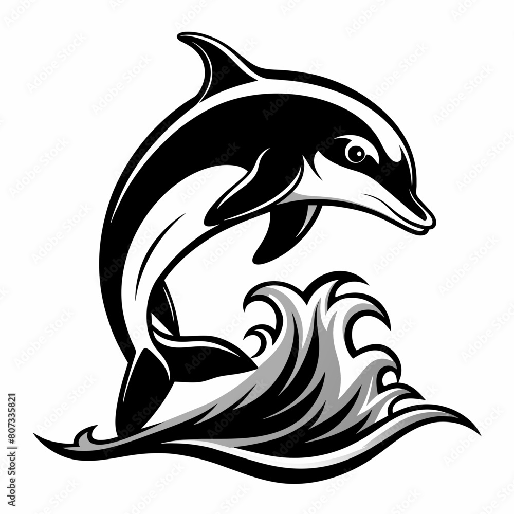 Dolphin over a wave engraving linocut vector silhouette white ...