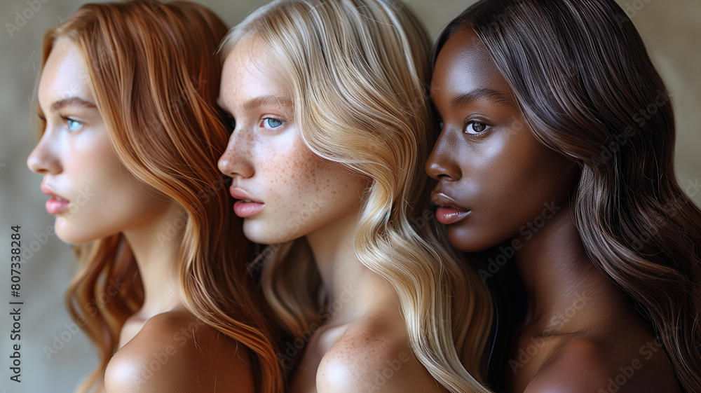 Three women with different hair colors and skin tones, side profile ...