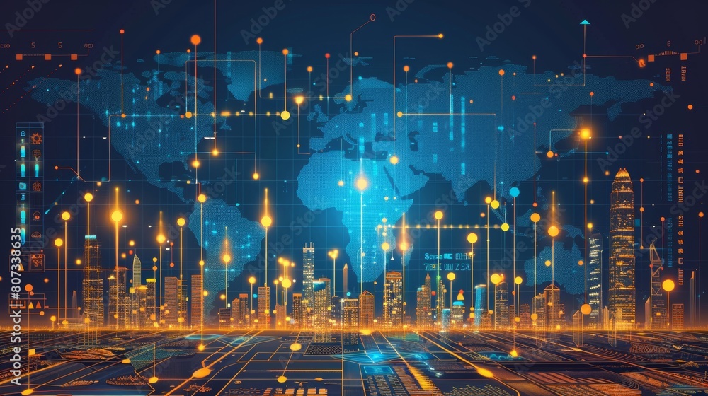 Digital infographic with world map, data points, and cityscape for ...