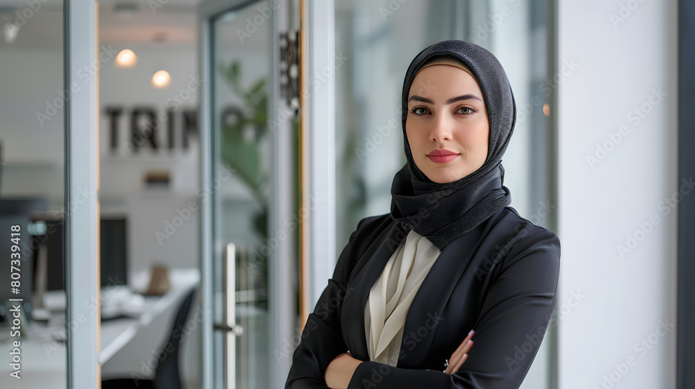 muslim business woman with headscarf, wearing black business attire ...