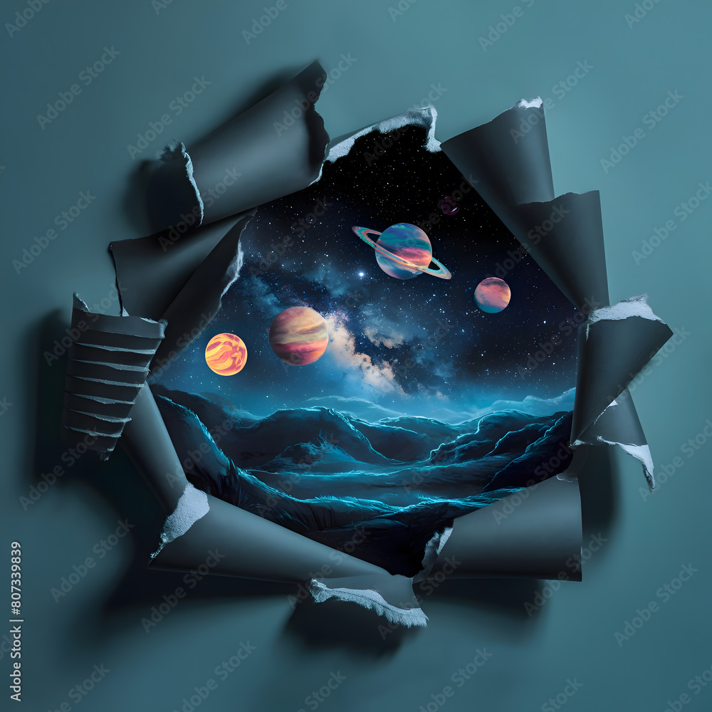 The landscape is revealed through torn textured paper, creating a ...