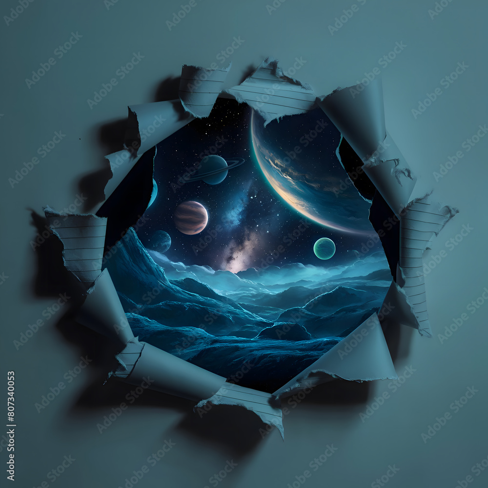 The landscape is revealed through torn textured paper, creating a ...