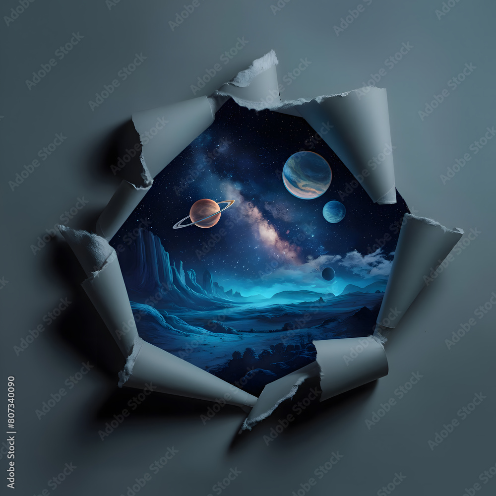 The landscape is revealed through torn textured paper, creating a ...