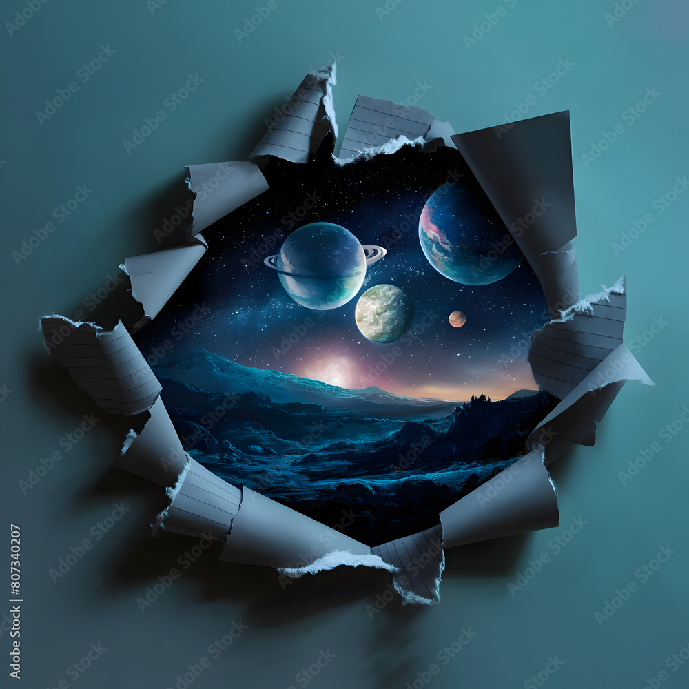 The landscape is revealed through torn textured paper, creating a ...