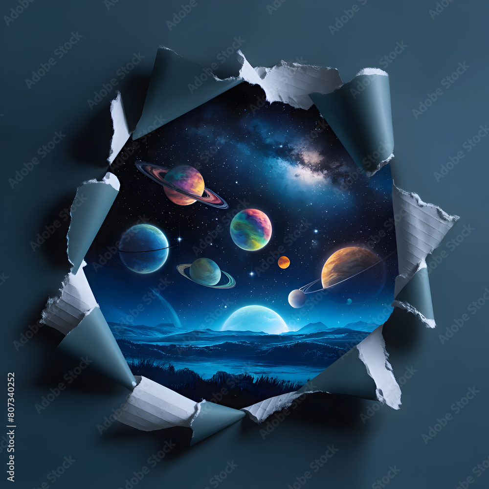 The landscape is revealed through torn textured paper, creating a ...