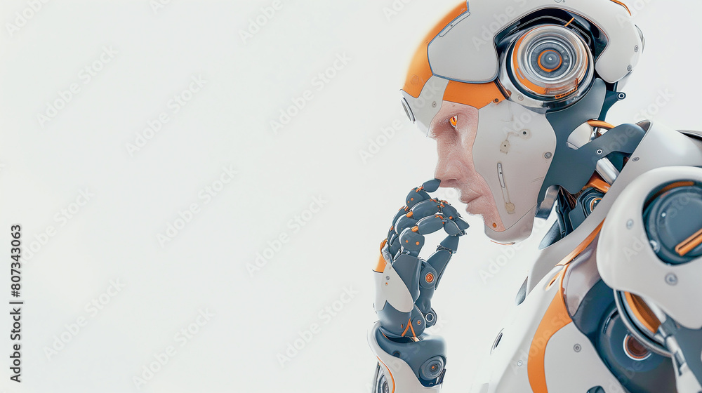 Photo of a robot thinking, white background, detailed skin texture and ...