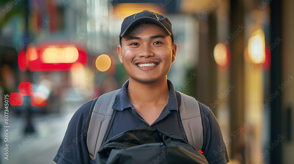 An engaging image featuring a food delivery person, captured with a ...