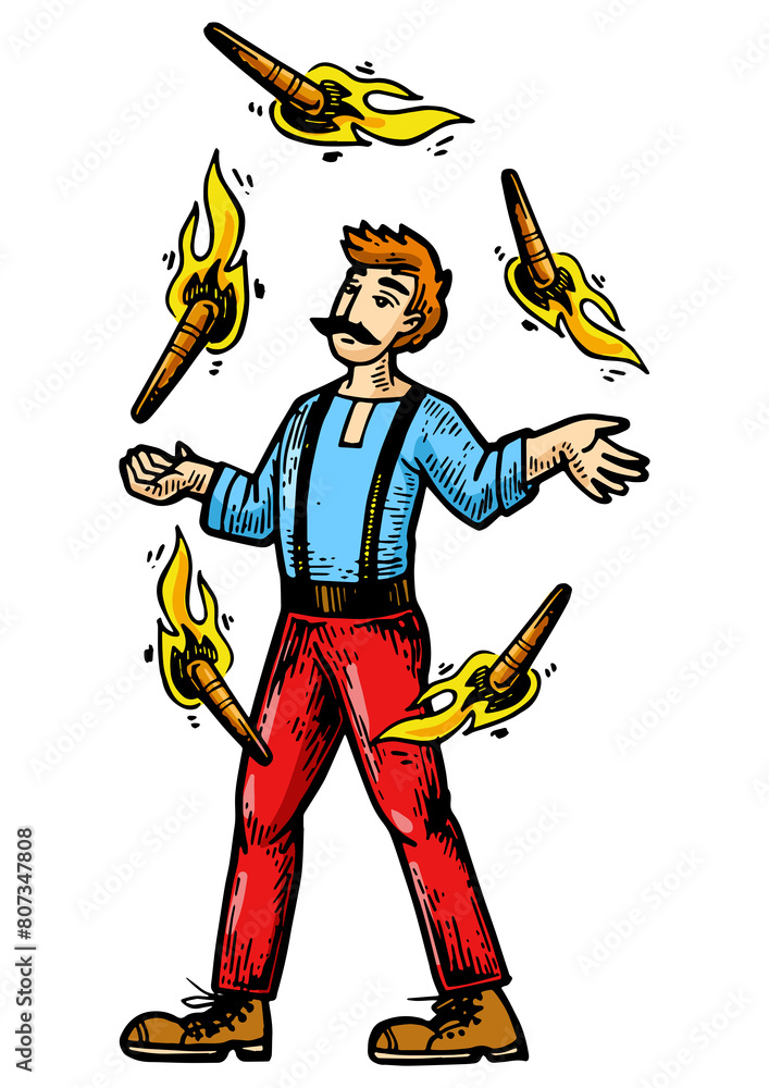 Circus fire juggler performer engraving PNG illustration. Scratch board ...