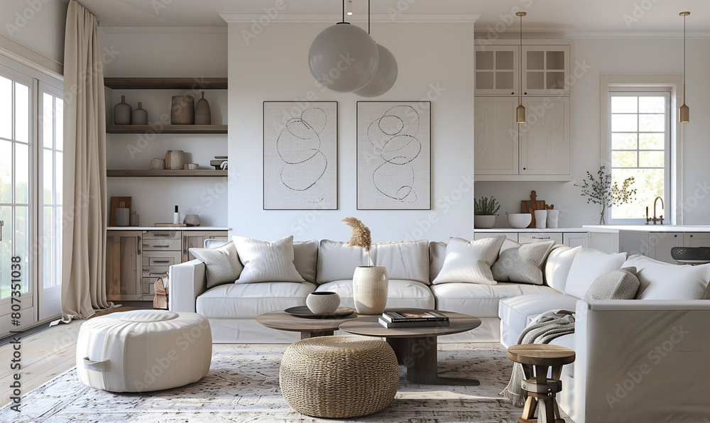 Living room interior design with simple lines and a monochromatic color ...