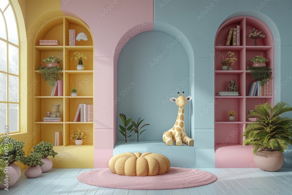 Giraffe in Children's Book Store, pastel colors and soft textures in a ...