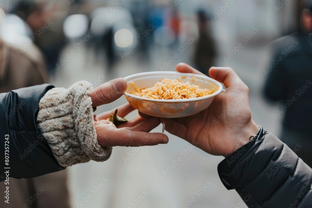 Giving a meal to a homeless people, kindness, fight homelessness ...