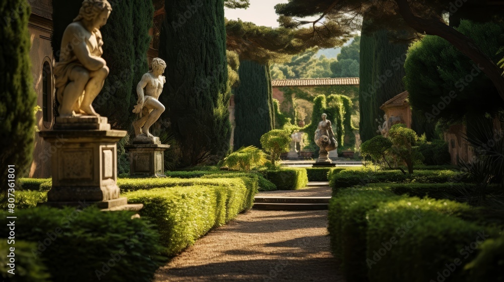 Roman countryside villa's garden lush greenery sculptures peaceful ...