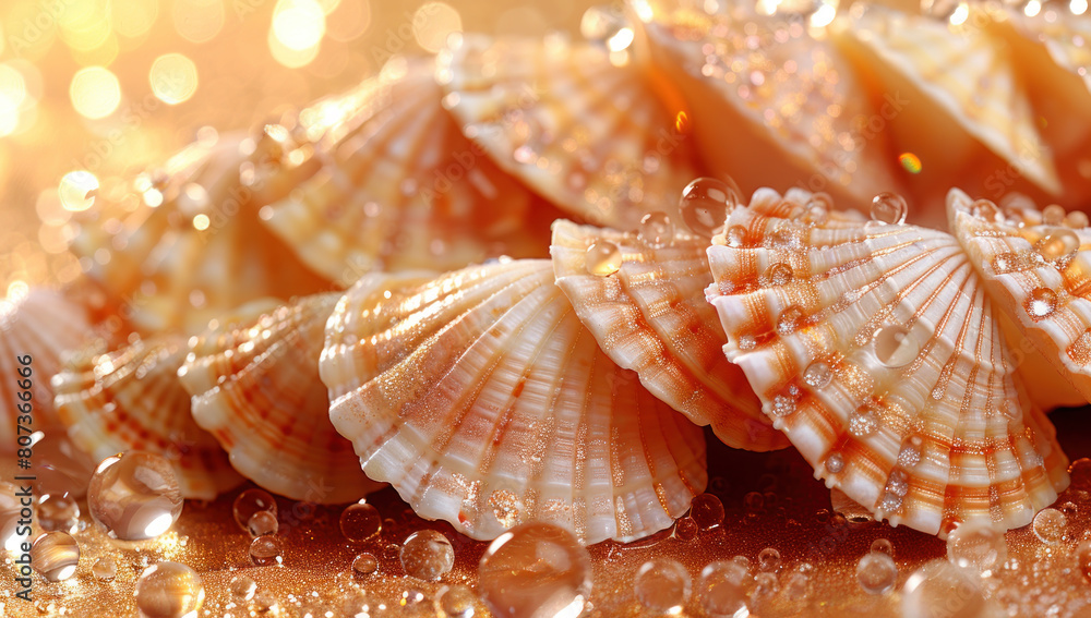 Beautiful seashells on a gold background with bokeh. Of marine beauty ...