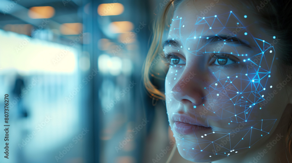 Side profile of woman at an airport with facial recognition technology ...