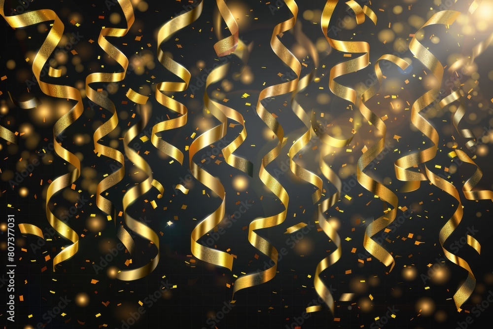 Festive gold streamers and confetti on a dramatic black background ...
