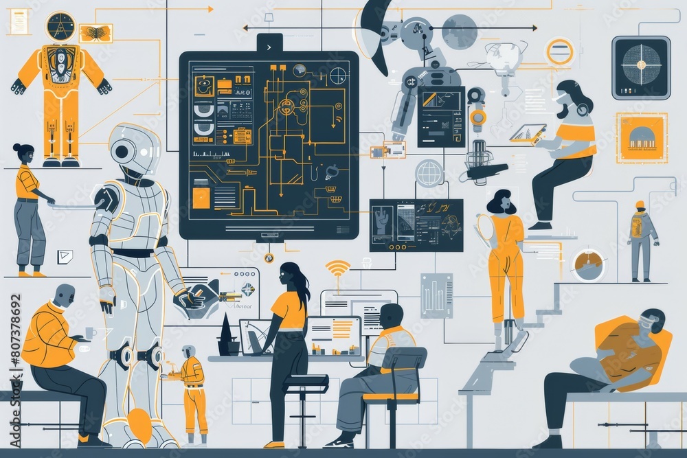 Artificial intelligence flowchart with robotics and technology symbols isometric vector ...