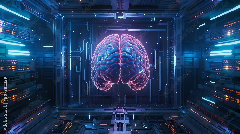 Futuristic brain in neon colors. Glowing brain in intricate network ...